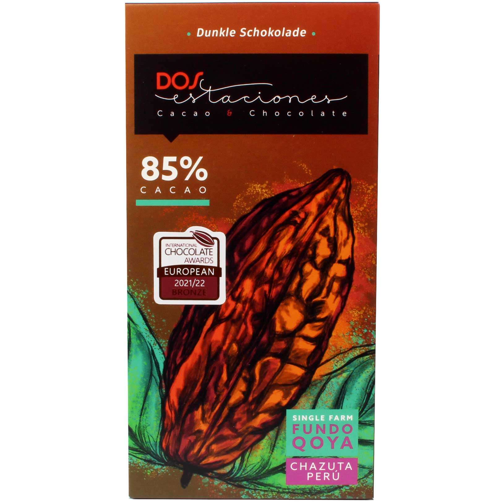 Dos Estaciones: 85% Cacao pure Bio Chocolade uit Peru